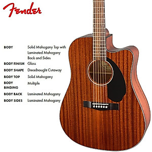 Fender CD-60SCE Solid Top Dreadnought Acoustic-Electric Guitar - All Mahogany Bundle with Hard Case, Tuner, Instrument Cable, Strap, Strings, Picks, Polishing Cloth and Austin Bazaar Instructional DVD