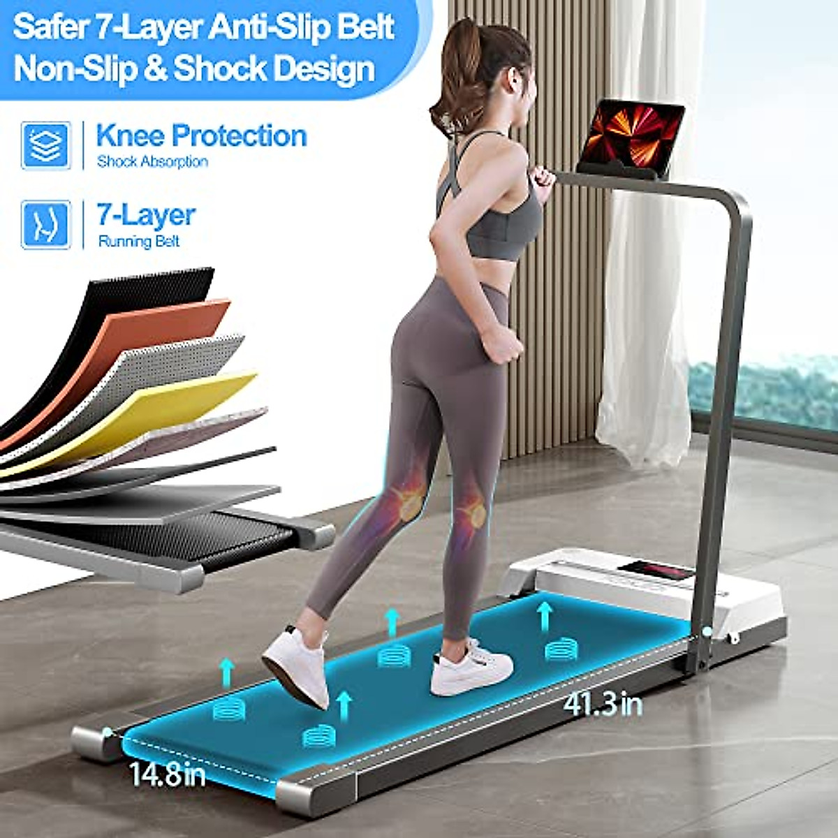 Under Desk Treadmill 2 in 1 Walking Pad Desk Treadmill, Powerful Quiet Walking Jogging, Bluetooth Audio Treadmill with LED Display, Running Treadmill Work with Remote Control & App, Installation-Free