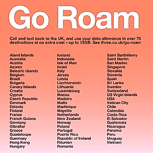 Three UK New PrePaid Europe UK Three SIM Card 25GB Data Un Minutes/Texts for 30 Days with Free Roaming/USE in 71 Destinations Including Europe, South America and