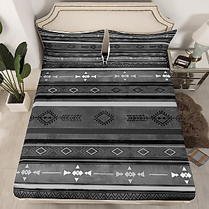 jejeloiu Southwestern Bed Sheet Set Twin Size Tribal Fitted Sheet for Kids Boys Geometric Bedding Set Native American Design Grey Bed Cover Deep Pocket Bedroom