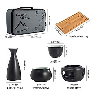 Dltsli Ceramic Sake Set with Warmer Pot Bamboo Tray, Stovetop Porcelain Pottery Hot Saki Drink Bottle, 10pcs Set 1 Stove 1 Warming Bowl 1 Sake Bottle 1 Tray 6 Cup Keep Sake Storage Gift Box (Black)