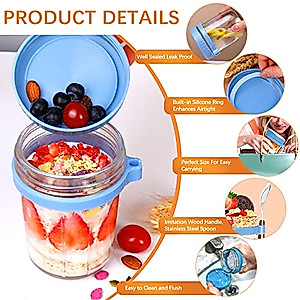 Overnight Oats Containers with Lids and Spoon, Wide Mouth Mason Jars 16 Oz Overnight Oats Jars with Measure Mark, 2 Pack Oatmeal Container Glass Mason Jars for Overnight Oats Salad Yogurt (White/Blue)
