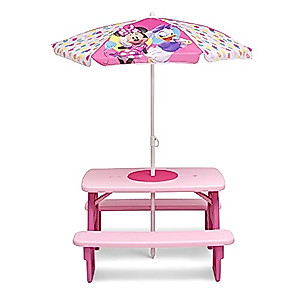 Delta Children 4 Seat Activity Picnic Table with Umbrella and Lego Compatible Tabletop, Minnie Mouse, 32.5 in x 34.25 in x 53.5 in