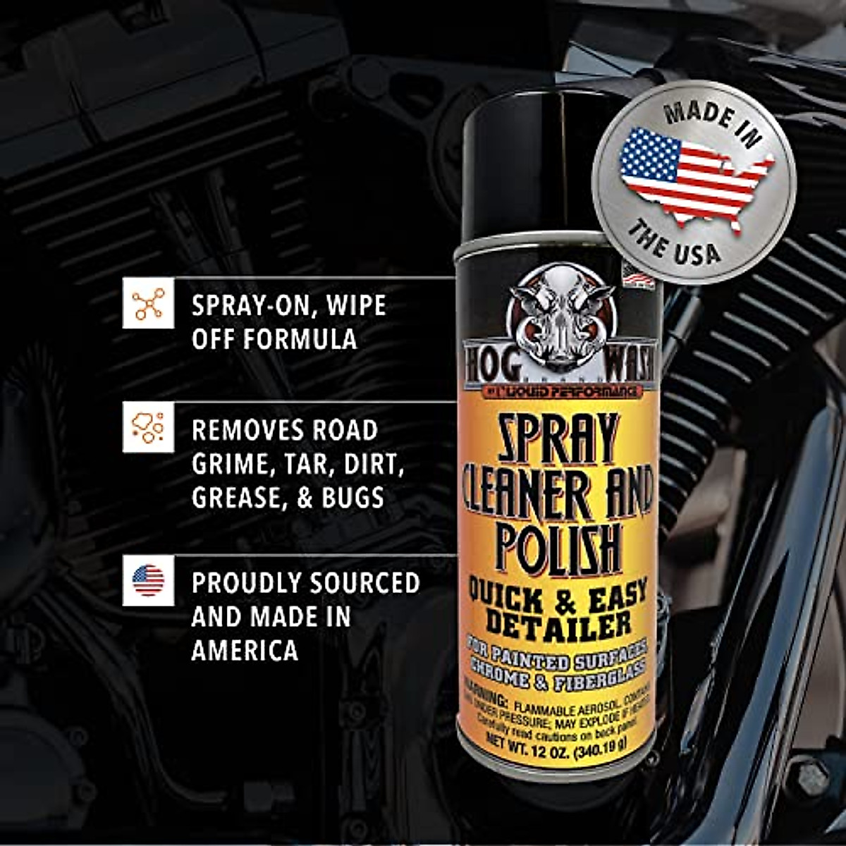Hog Wash Spray Cleaner and Motorcycle Polish - 12 oz - Small Batch Detailer for Bikes and Cars - Removes Dirt and Grime on Painted Surfaces, Chrome, and Fiberglass - Made in Rocky Mount, VA