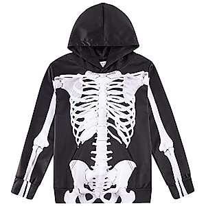 RAISEVERN Girls Boys Holloween Hoodies size 8 Pullover Hoodie Long Sleeve Casual Soft Kids Hooded Sweatshirt Cool 3D Hoodie Novelty Skeletons Hoody with Pockets Size 9 10 11