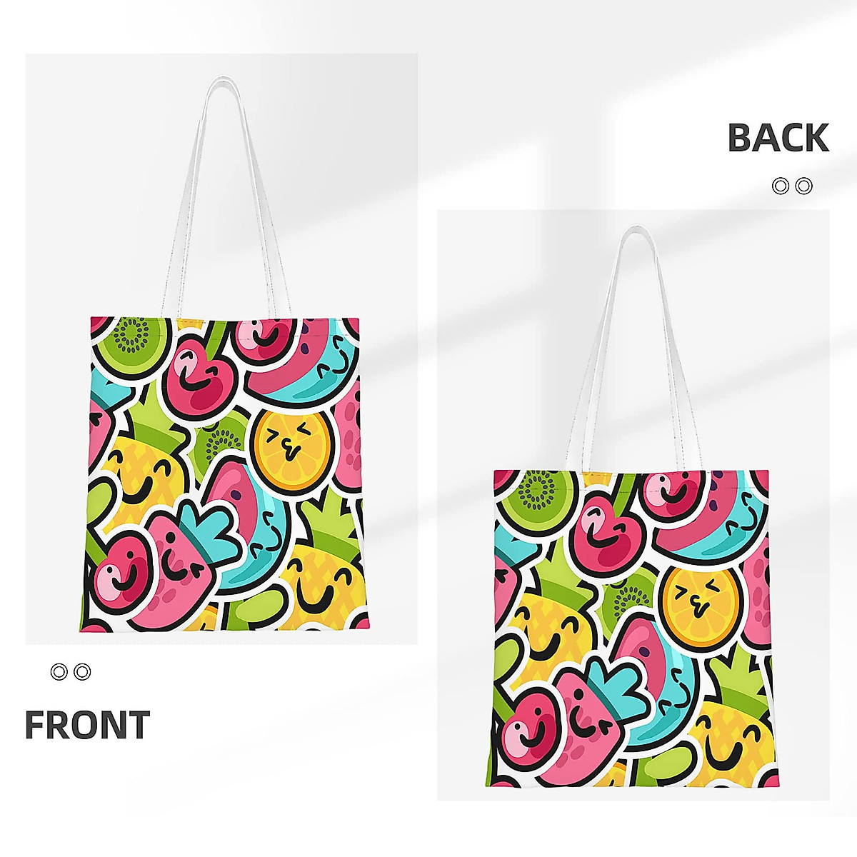 TifyDon Canvas Tote Bag，Berries Fruit Mix Pattern Reusable Large Shopping Shoulder Tote Bag For Women，Lovely Funny Pineapple Orange Watermelon Cherries Kiwi Black Happy Beach Tote Bags Bulk