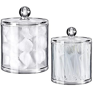 Bathroom Vanity Storage Organizer Canister Holder Apothecary Jars Set for Qtips,Cotton Balls,Swabs,Rounds,Makeup Sponges,Bath Salts,Premium Plastic Acrylic, Clear | 10oz.and 20oz.