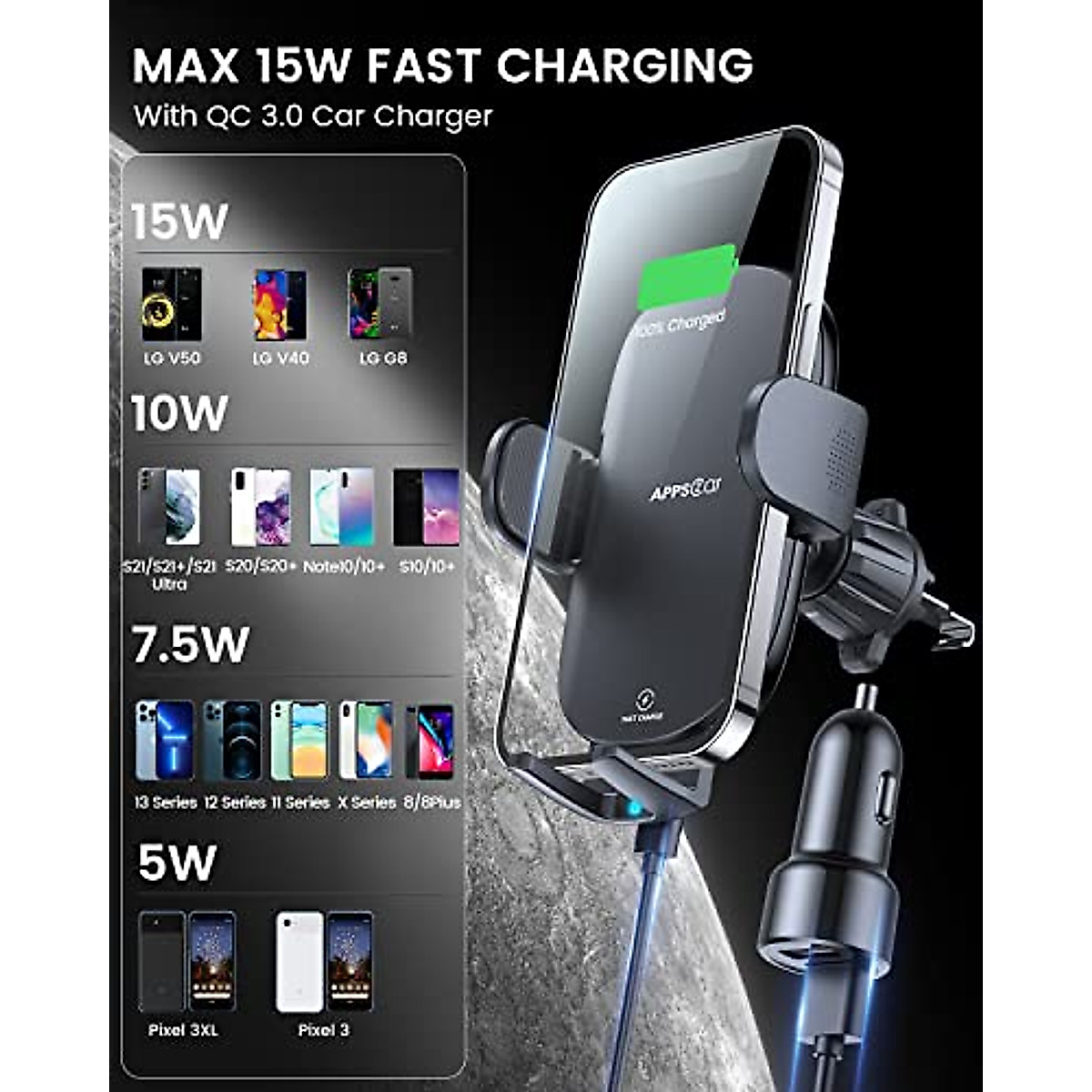 APPS2Car Wireless Car Charger Mount Vent, 15W Fast Charging Wireless Car Phone Charger, Compatible with iPhone 14 Pro/14, Samsung Galaxy S22/S21/S20, etc.