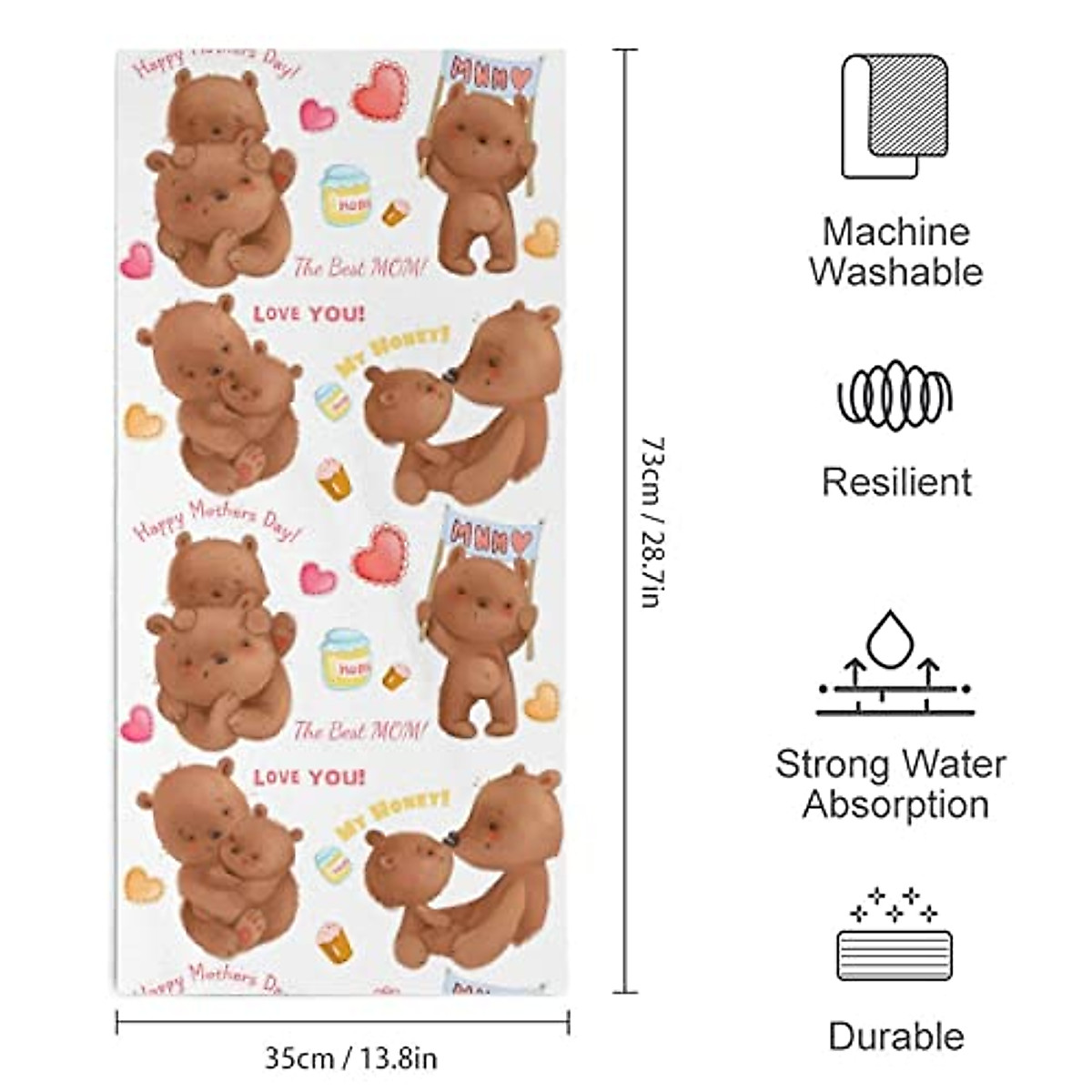 FISNAE Cute Funny Bears Mom Hand Towels Mother's Day Quote Absorbent Bathroom Towel Soft Decorative Towels for Bathroom, Hotel, Gym, Spa, Yoga 28.7 X 13.8 in