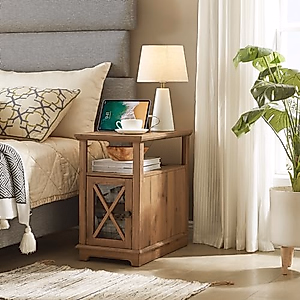 NBBOTBOT End Table with Charging Station, Side Table with USB Ports and Outlets, Nightstand with Adjustable Shelves, Narrow Side Table with Storage Cabinet for Living Room, Bedroom, Brown