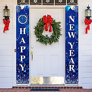 Happy New Years Porch Sign, 2023 Door Front Door Hanging Door Banner Wall Glitter Blue for New Years Eve Party Decorations Supplies Favors with Clock