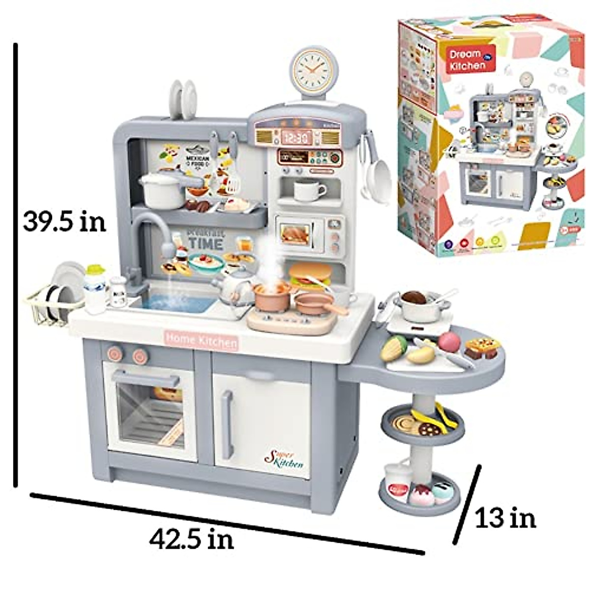 Large Pretend Play Kitchen Toys with Sink, Role Play Kitchen Playset, Pot and Pan, Cooking Stove with Spray Realistic Light and Sound, Cutting Food, Kitchen Accessories Set for Kids Toddlers