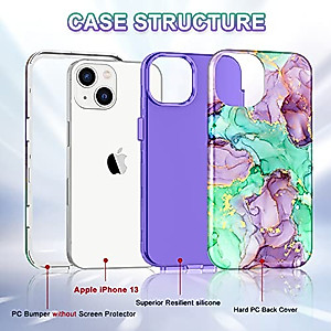 CASEFIV Compatible with iPhone 13 Case, Marble Pattern 3 in 1 Heavy Duty Shockproof Full Body Rugged Hard PC+Soft Silicone Drop Protective Girls Women Cover for iPhone 13 6.1 inch 2021, Purple Green