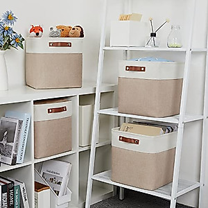 DULLEMELO Cube Storage Bins - 4 Pack Foldable Large Storage Baskets 12 inch Gifts Empty Fabric Bins for Home Office Cubes Organizer Closet, Shelves, Toy, Nursery (4 Pack - 12" White&Khaki)