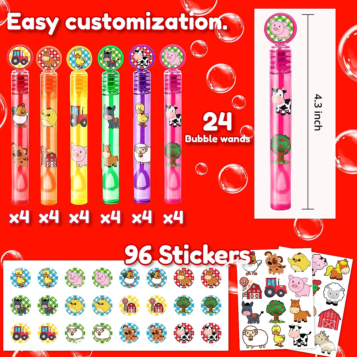 24PCS Farm Animal DIY Bubble Wands Party Favors 96PCS Stickers for Goodie Bag Fillers Pinata Stuffers, Mini Bubble Bulk Birthday Party Supplies Toys Gifts Class Prizes for Toddlers Boys Girls