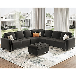 Belffin Velvet L Shaped Sofa Couch with Reversible Chaise Convertible Modular Sectional Sofa Set with Storage Ottoman Corner Sofa Set for Living Room Grey