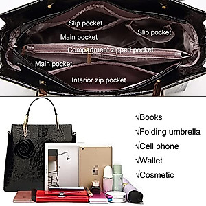 XingChen Shiny Patent Leather Women Handbag Crocodile Pattern Shoulder Bag Flower Pendant Top Handle Tote Satchel Purse Black