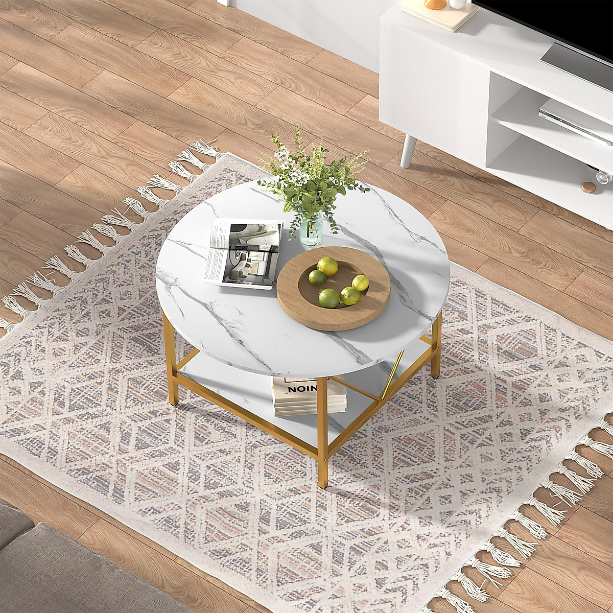 Yusong Round Coffee Table for Living Room, Farmhouse Circle Coffee Table with Storage Shelf, 2-Tier Modern Center Table with White Faux Wooden Tabletop, Gold Metal Frame