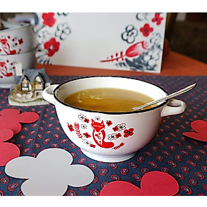 20-ounce Footed Ceramic White Soup Cereal Bowls with Handles - Set of 4 - Fox Folk Art Dinnerware Crocks