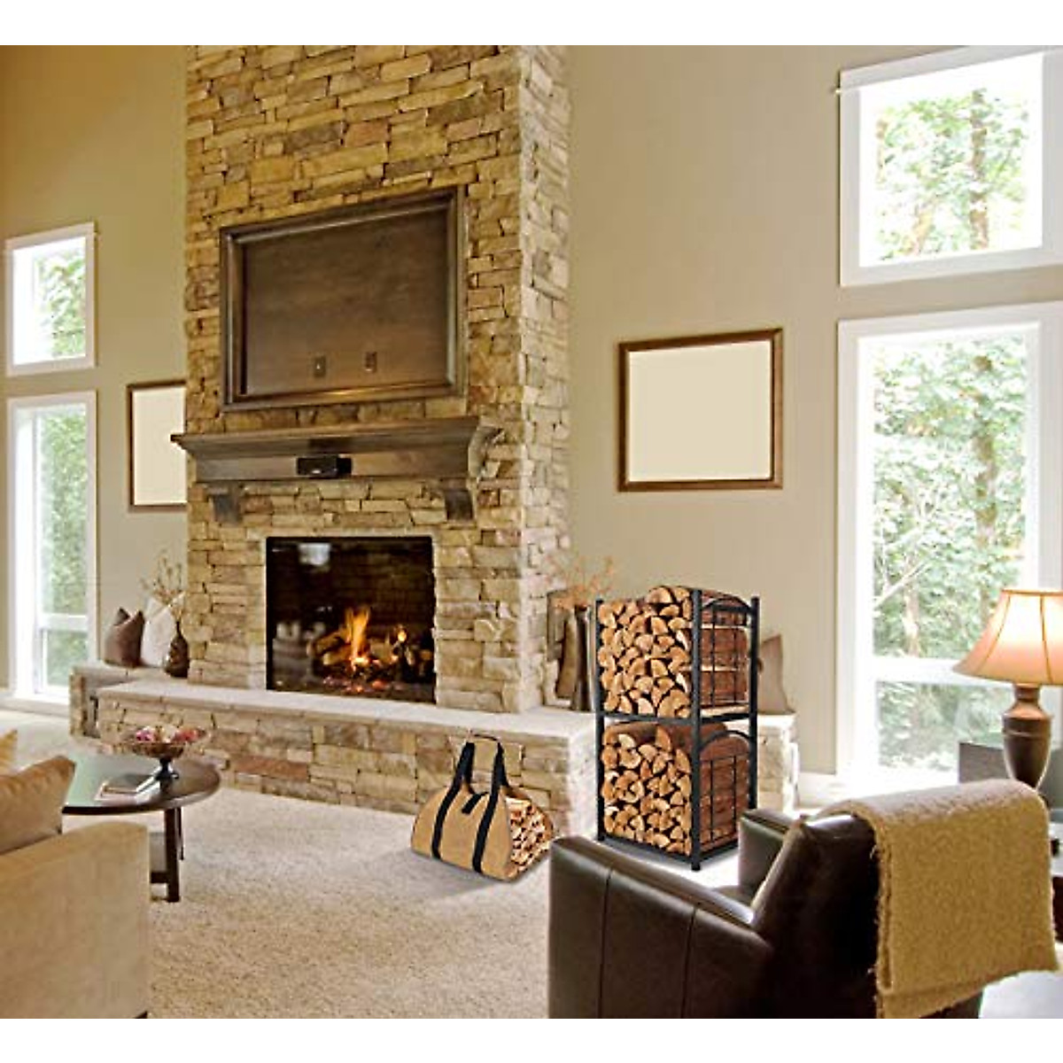 TQVAI 2 Tier Outdoor Firewood Rack, Indoor Fire Log Storage with Fire Tools Hanging Hooks and Waxed Canvas Wood Carrier Bag, Stacking Fireside Lumber Holder, Black