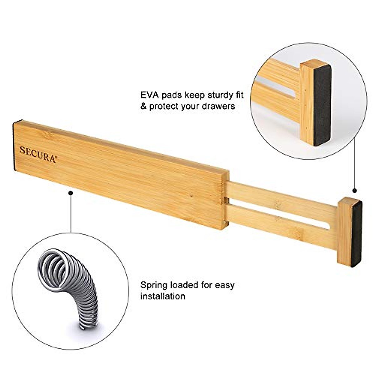 Secura 𝗕𝗮𝗺𝗯𝗼𝗼 𝗗𝗿𝗮𝘄𝗲𝗿 𝗗𝗶𝘃𝗶𝗱𝗲𝗿𝘀 𝗢𝗿𝗴𝗮𝗻𝗶𝘇𝗲𝗿 4-Pack, 𝗔𝗱𝗷𝘂𝘀𝘁𝗮𝗯𝗹𝗲 Drawer Separators Expandable from 12.0-17.1 inches for Kitchen, Office, Bathroom, Closet, Dresser