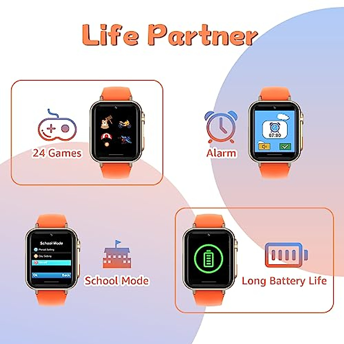 Kids Smart Watch for Boys Girls with Games, Children Educational Smartwatch with Camera Bedtime Stories Music Alarm Pedometer, Smart Watch for Kids Toy Gifts for Toddlers 3 4 5 6 Years Old (Orange)