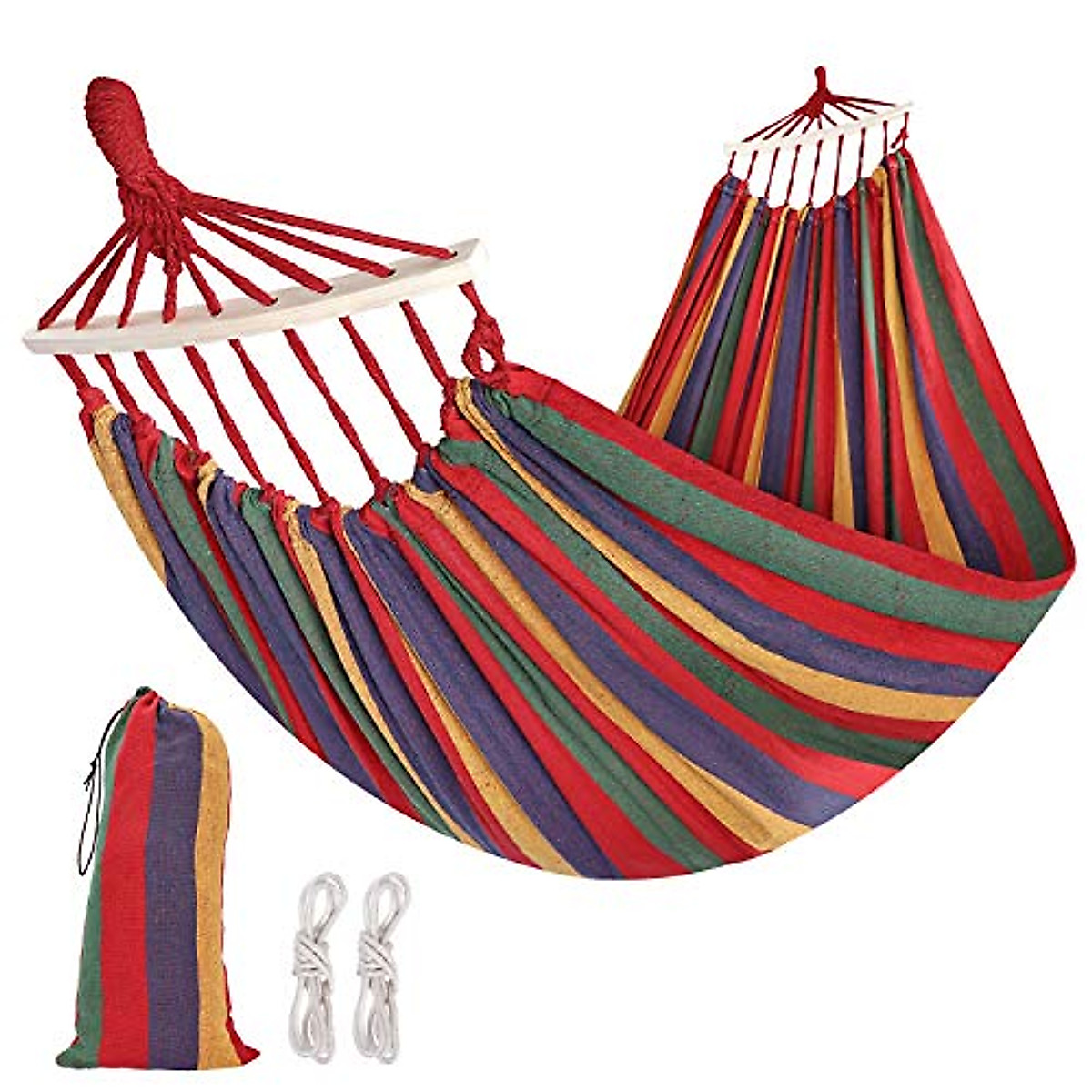 Solomone Cavalli Brazilian Hammock with Hanging Kits, Tree Hammock for Indoor Outdoor Patio Porch Garden Camping, Cotton Canvas Carrying Bag, Ropes and Carabiners Included (Rainbow Stripe)