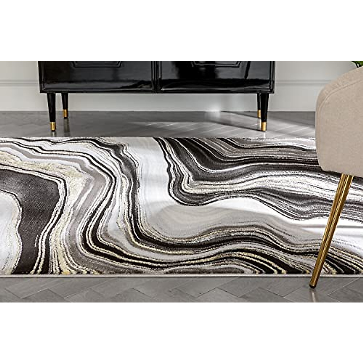Well Woven Werrick Glam Grey & Gold Striated Marble Area Rug 9'3" x 12'6"