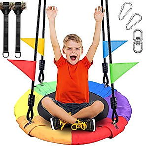 Odoland 24 inch Children Tree Swing, Outdoor Small Saucer Swing Platform Swing for Kid, Round Flying Swing wirh Adjustable Hanging Ropes for Backyard, 220lb Weight Capacity Great for 1-2 Kids