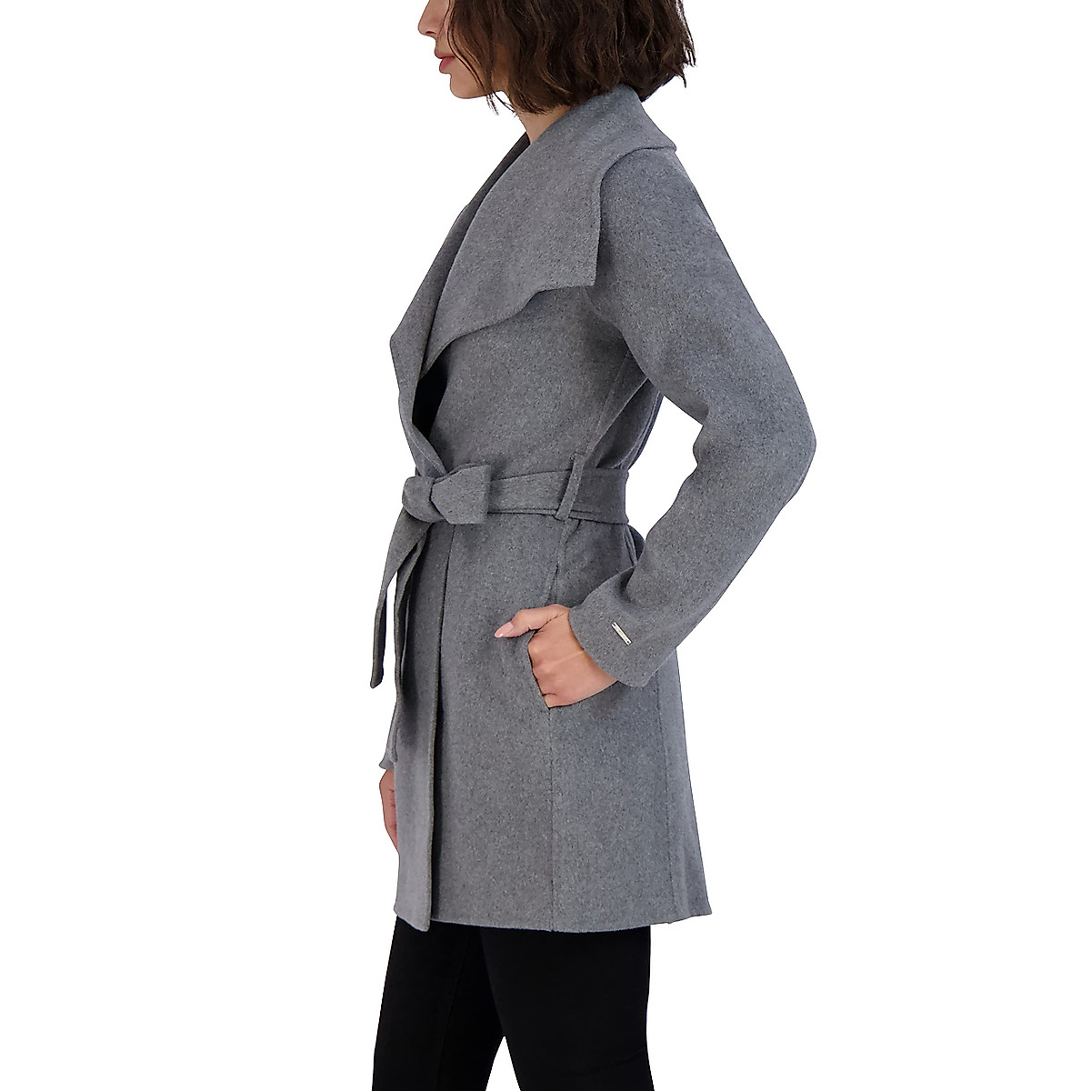 Tahari Women's Wool Wrap Coat with Tie Belt, Ash, Large