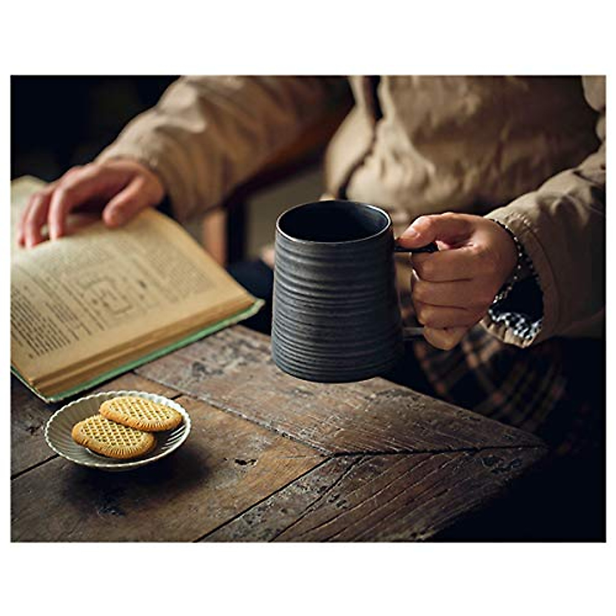 globe faith Large Handmade Pottery Coffee Mug, Unique Matte Metallic Antracite Ceramic Coffee Cup, Annular Texture Big Handle Clay Tea Mug for Home, Office or Gifts, Microwave & Dishwasher Safe,16 oz