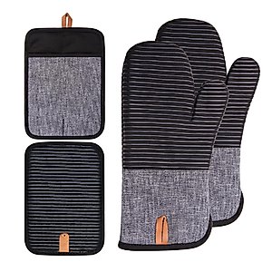 4PCS TIPTAP Oven Mitts, Kitchen Oven Mitts Set, Non Slip Cotton Oven Mitt and Pot Holders,Heat Resistant, Machine Washable,2 Long Mit and 2 Pot Holder(Black)