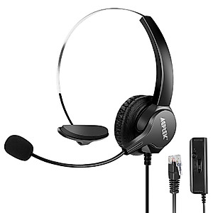 AGPTEK® Hands-Free Call Center Noise Cancelling Corded Monaural Headset Headphone for Desk Telephone with 4-Pin RJ9 Crystal Head