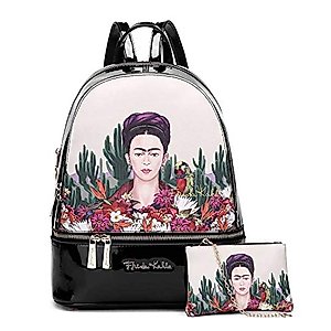Frida Kahlo Cactus Licensed Faux Leather Large Backpack (Black)