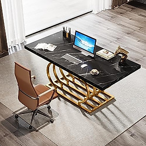 Tribesigns 63" Modern Office Desk, Black and Gold Executive Desk, Large Computer Desk Home Office Desk with Gold Metal Frame, Wood Workstation Study Writing Desk