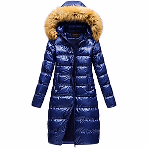 CREATMO US Women's Long Puffer Bubble Coat Hooded Jacket Shiny Puffer Plus Size Coat Navy 3XL