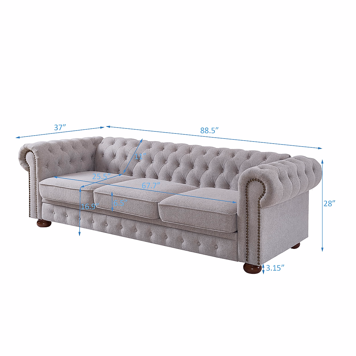 Chesterfield 3 Seater Button Tufted Sofa, Linen Fabric Upholstered Couch with Nailhead Arms Removable Cushions Rubber Wood Legs for Living Room Office Bedroom