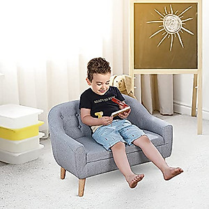Qaba 2-Seat Kids Sofa Linen Fabric and Wooden Frame Sofa for Kids and Toddlers Ages 3-7, 11" High Seat, Gray