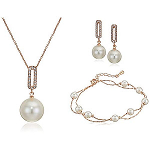 Crystalline Azuria Jewelry Simulated White Pearls Necklace Earrings Bracelet for Women Wedding Party Bridal and Bridesmaid Accessories Rose Gold Plated