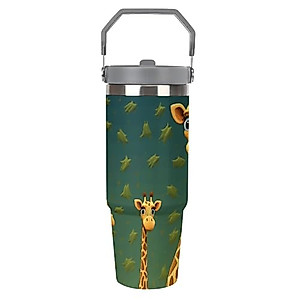 30oz Stainless Steel Insulated Tumbler with Flip Lid & Straw, Leakproof Travel Mug for Car, Cartoon Giraffe Double Wall Vacuum Thermal Coffee Cup with Handle, Spill-Proof Design for Hot/Cold Drinks