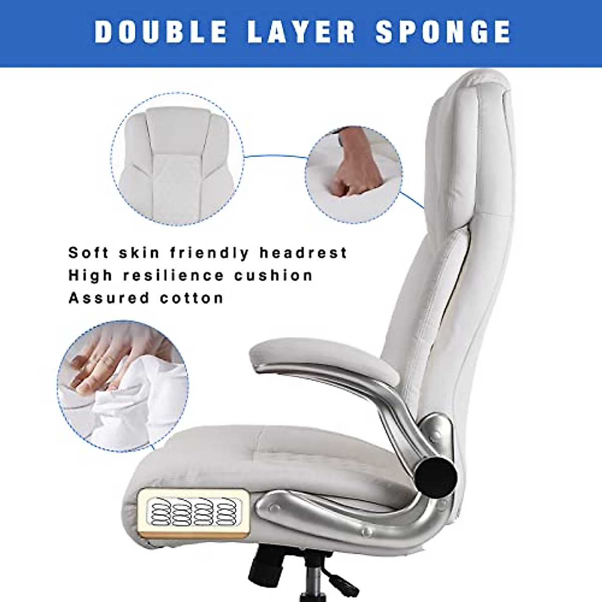 Managerial and Executive Office Chair,Ergonomic White PU Leather Office Desk Chair,Diamond Stitched High Back Swivel Task Chair with Rocking Function,Adjustable Flip-up Armrests Computer Chair