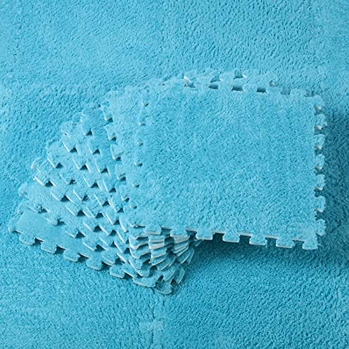 100 Tiles Interlocking Carpet Tiles Soft Fluffy Baby Play Mat Short Coral Fleece Foam Puzzle Floor Mats for Children Kids Toddler Play Area Home Bedroom Parlor (Lake Blue)