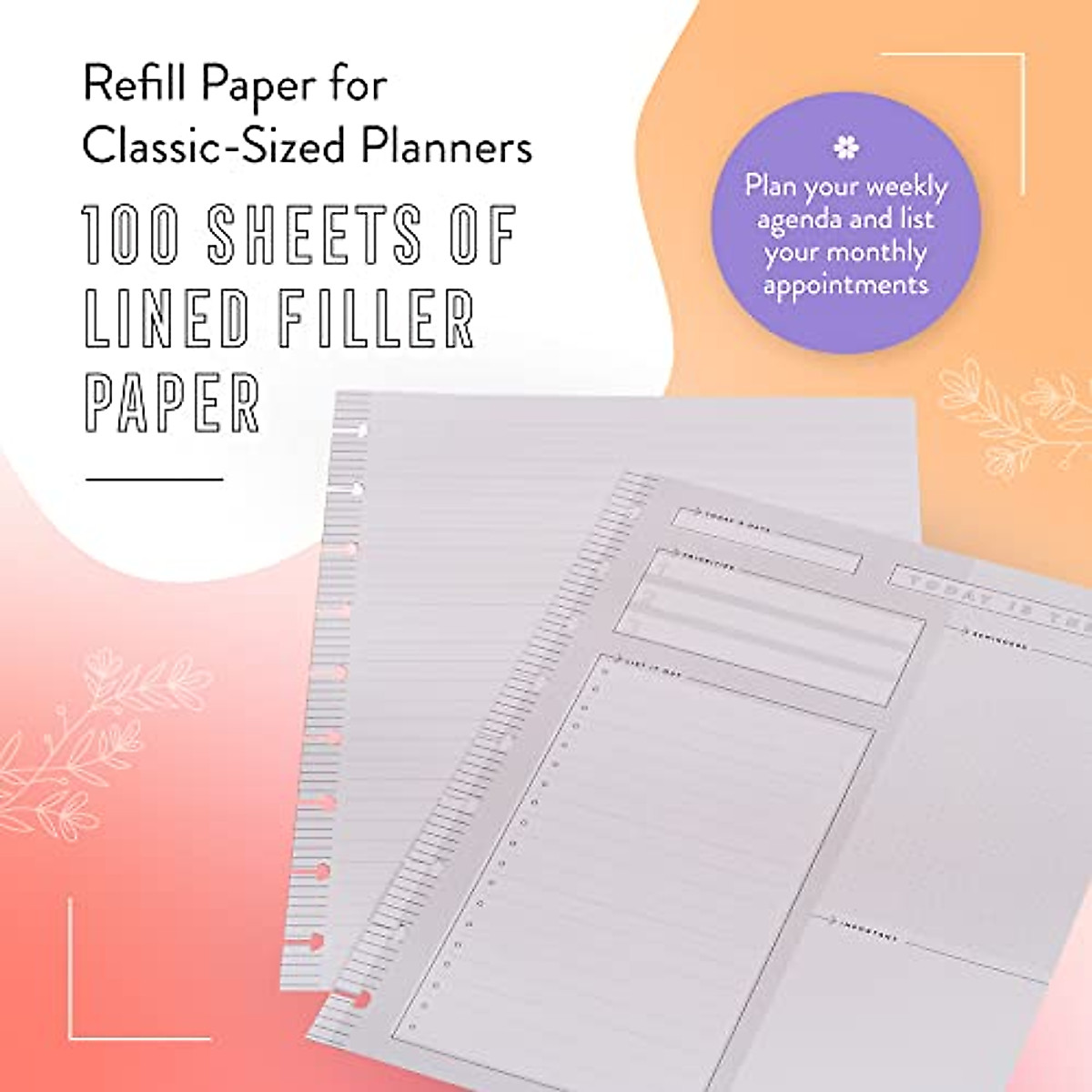 Happy Planner Plans + Notes Planner Refill Paper, 100 Sheets of Lined Refill Paper for Journals, Classic Size