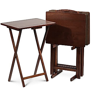 PJ Wood Folding TV Tray Table & Snack Table with Storage Rack, Dark Mango - 5 Piece Set