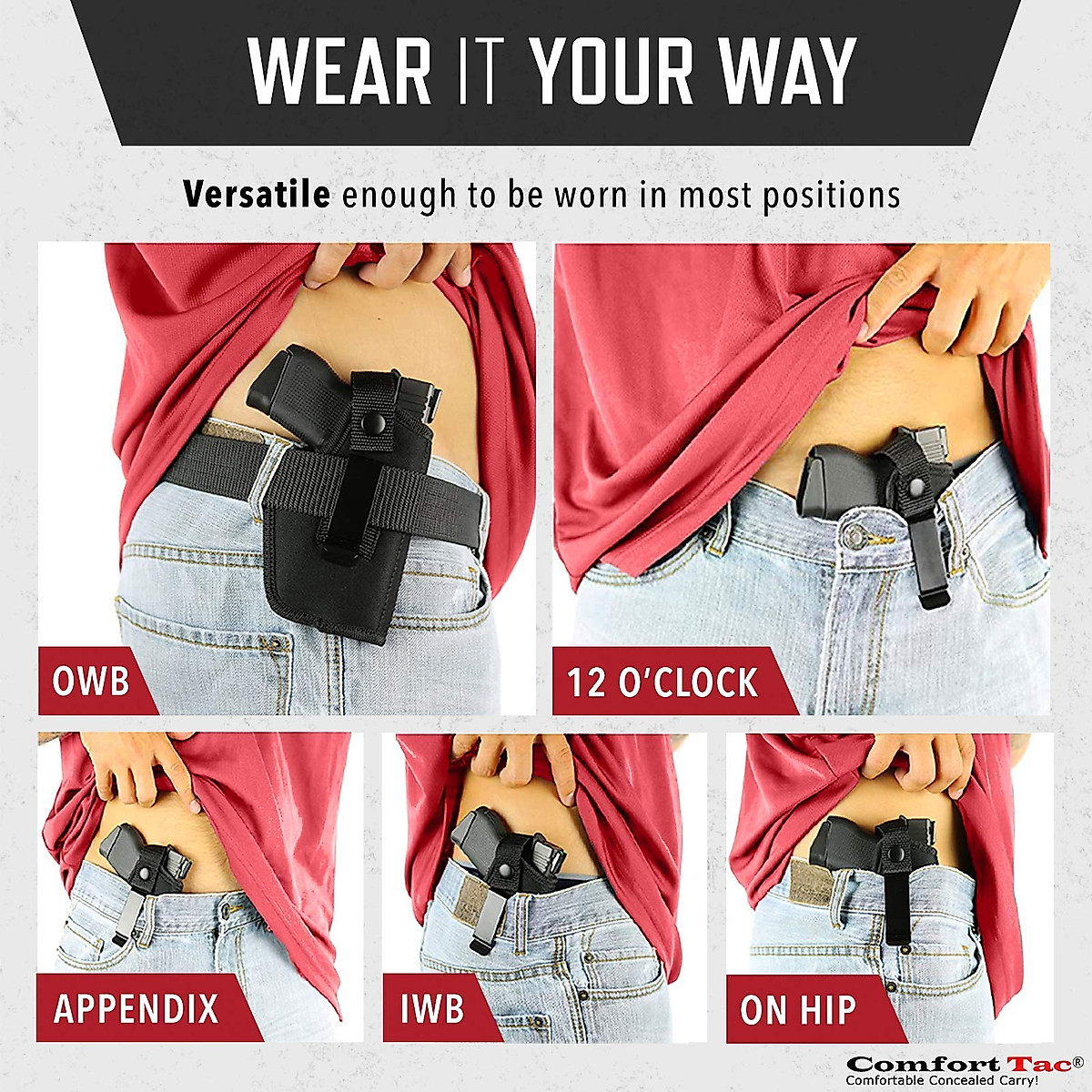 ComfortTac Gun Holster for Men & Women - Right-Handed, Extra Small (Size 1) Concealed Carry Holster - Wear Inside (IWB) or Outside (OWB) The Waistband - Gun Accessories