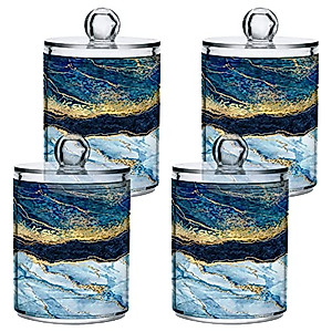 Kigai Blue Gold Marble Qtip Holder - 14OZ Clear Plastic Apothecary Jars Bathroom Canister Dispenser Organizer Vanity Storage Jar with Lid for Cotton Ball, Cotton Swab, Floss (2PACK)