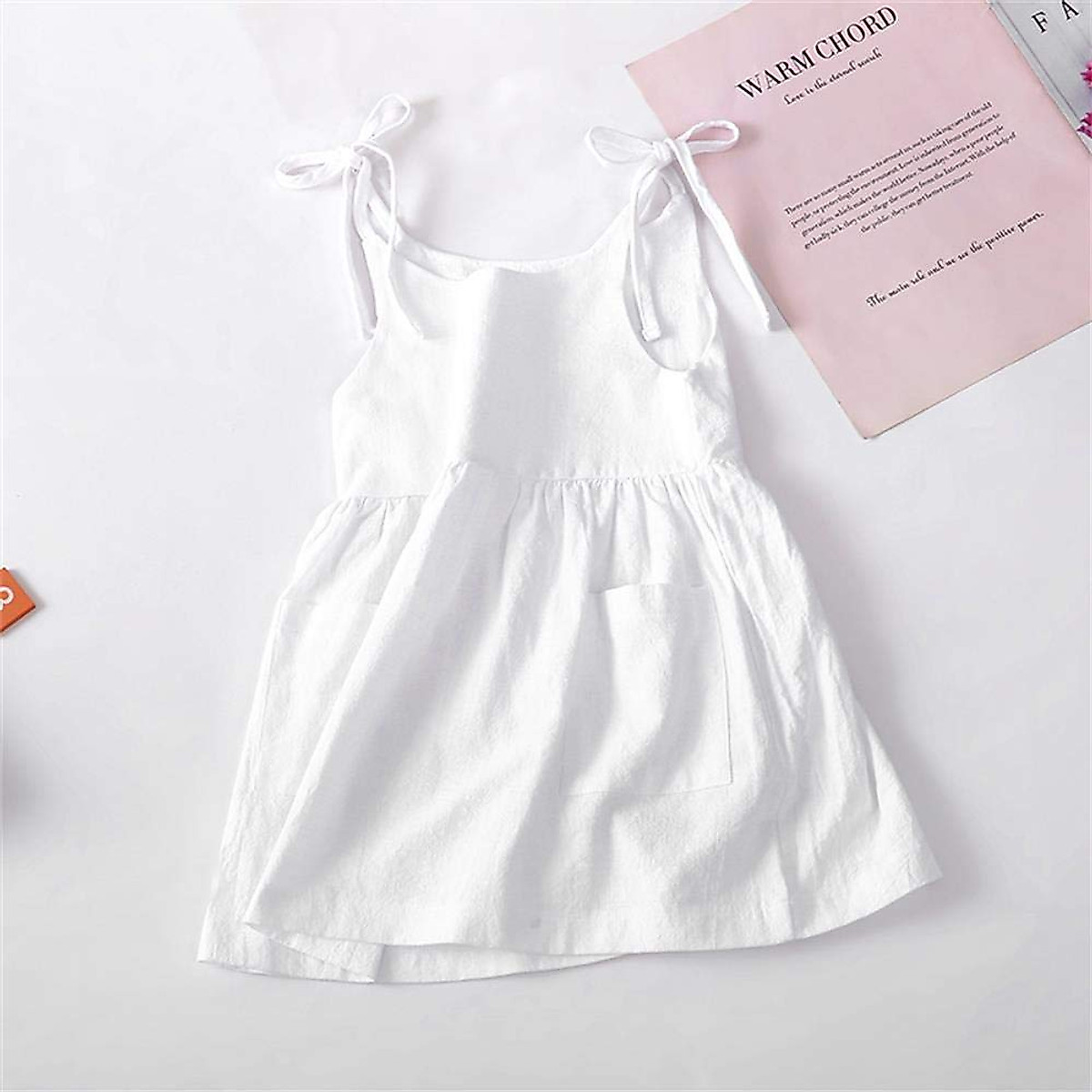 Toddler Baby Girl Summer Cotton Linen White Dresses Bow Straps Sleeveless with Pockets Little Girls Beach Sundress (White, 3-4T)
