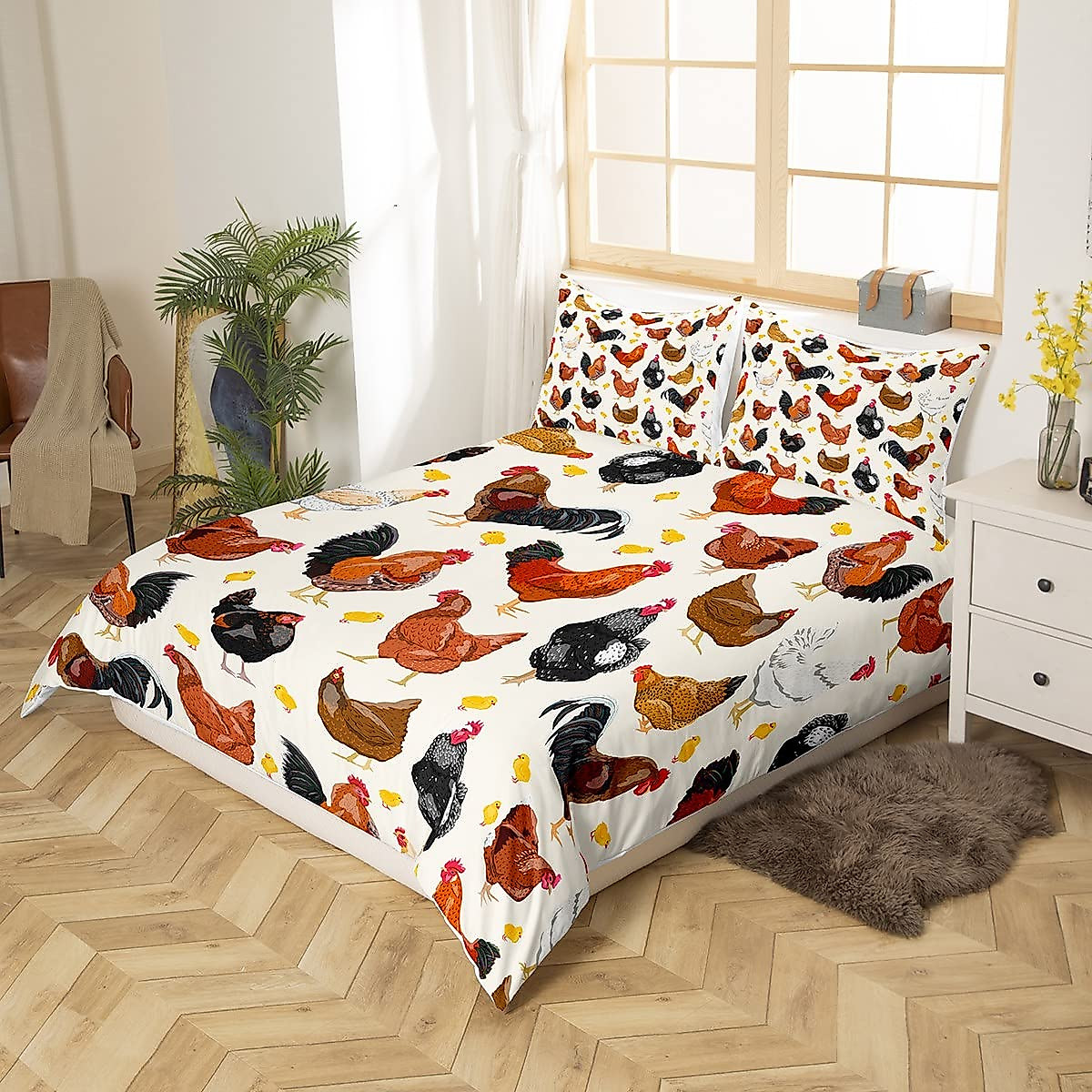 Feelyou Chicken Comforter Cover Cute Chicken Pattern Bedding Set for Boys Girls Children 3D Animals Theme Duvet Cover Room Decor Twin Size Quilt Cover 2Pcs