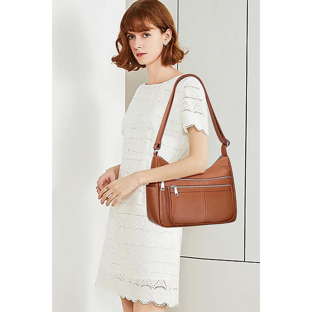 Over Earth Genuine Leather Purses and Handbags for Women Soft Leather Crossbody Bag Ladies Message Bag with Multi Pockets(O154E Brown)