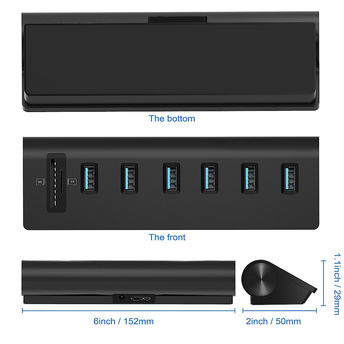 CATECK USB 3.0 Hub, Aluminum Hub with 6 USB 3.0 Ports+SD/TF Card Solts+5V/4A High Capacity Power Supply for Mac, Mac Book Air, Mac Pro,Mac Book Pro, Mac Book, Mac Mini, PCs and Laptops (Black)